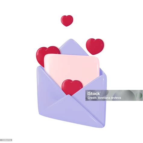 발렌타인 데이 또는 어머니의 날 선물 또는 인사말로 연애 편지 메일 열린 종이 봉투에 3d 빨간 심장 카드 생일 축하 선물 또는 청첩장 이메일 아이콘입니다 흰색 배경에