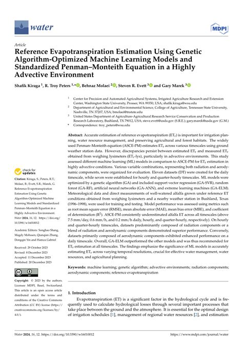 Pdf Reference Evapotranspiration Estimation Using Genetic Algorithm Optimized Machine Learning