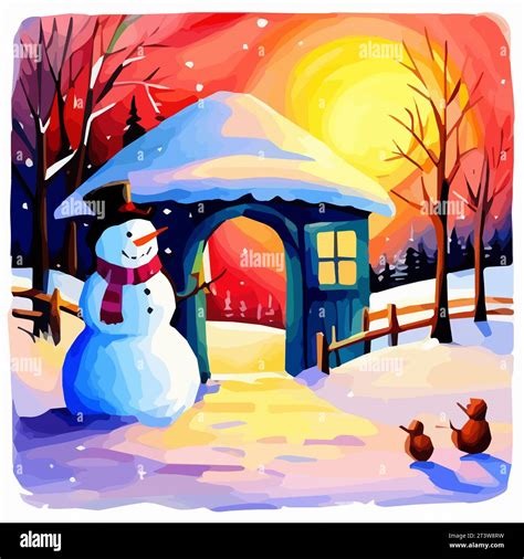 Door With Lamp Post Snowman And Christmas Decoration In Snowing Winter Scene Landscape Vector
