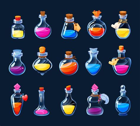 Cartoon Alchemy Bottles Magic Potion And Love Elixir Game Ui Icons As