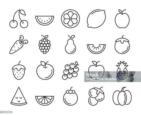 과일 아이콘 과일과 야채 라인 아이콘 세트 벡터 그림입니다 편집 가능한 스트로크 0명에 대한 스톡 벡터 아트 및 기타 이미지