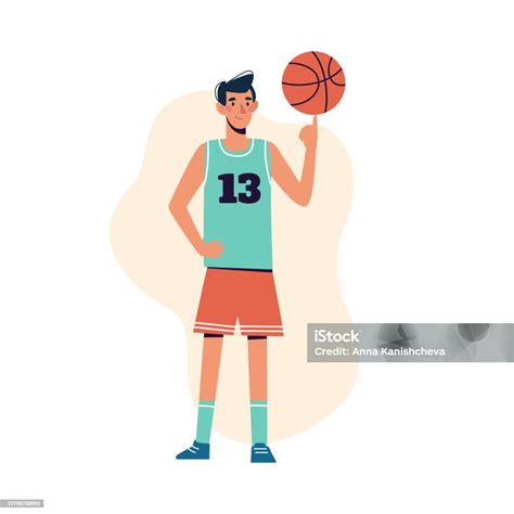 한 남자가 농구공을 손가락으로 돌린다 농구를 하는 운동 선수와 플랫 디자인 컨셉 흰색 배경에 격리 된 농구 선수 벡터 일러스트레이션 농구 팀 스포츠에 대한 스톡 벡터 아트