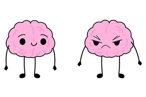 행복한 두뇌와 화난 두뇌 캐릭터 우울증 번아웃 기분부전장애 양극성 장애 정신 문제 만화 귀여운 뇌 흰색 배경에 고립 된 스톡 벡터 일러스트 레이 션 Mental