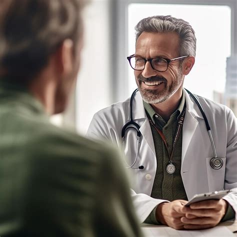 A Man In A Lab Coat Talking To A Man With A Stethoscope On His Neck Premium Ai Generated Image