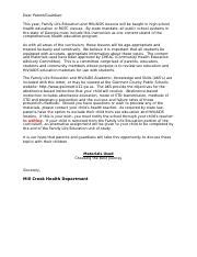 HS Sex Education HIV AIDS Parent Letter Doc Dear Parent Guardian This Year Family