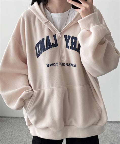 [후리스 ] 포근한 오버핏 메리 레터링 후리스 아노락 후드 3color 에이블리