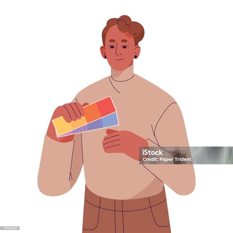 인테리어 디자이너는 색상 페인트 팔레트를 보유하고 있습니다 창의적인 사람은 차갑고 따뜻한 색조로 작업합니다 디자인 노동자 전문 건축가 예술 사업 흰색 배경에 평평한 고립 된