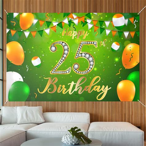 Happy 25th Birthday Backdrop Banner Decor Green Glitter