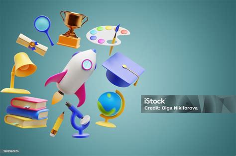 학교로 돌아 가기 로켓 및 교육 학습 요소 3d 렌더링 0명에 대한 스톡 사진 및 기타 이미지 0명 개념 개체 그룹 Istock