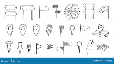 Map Pins Sign Vector Set Hand Drawn Location Icon In Doodle Syle Sketch Flag Vector Set Stock