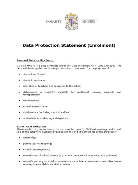 Data Protection Statement Enrolment Pdf Information Privacy Short Message Service