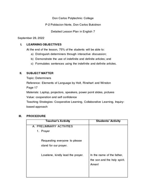 Lesson Plan Bev Determiners 7 Pdf Noun Word
