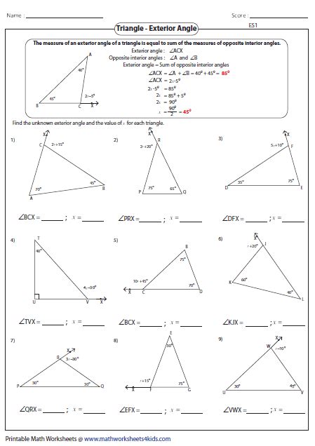 Triangle Sum Theorem And Exterior Angle Theorem Worksheet