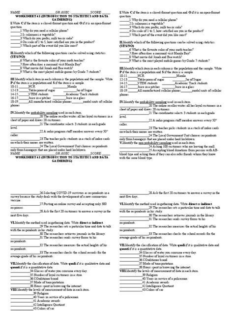 Worksheet 41 Introduction To Statistics And Data Gathering Pdf
