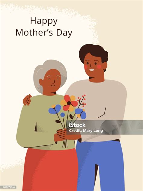 행복한 남자는 성숙한 어머니를 사랑과 보살핌으로 포옹합니다 성인 아들과 함께 있는 시니어 여성과 함께 어머니의 날을 위한 인사말 카드 선물에 대한 스톡 벡터 아트 및 기타