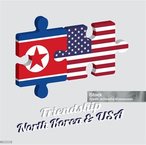 텍스트와 함께 북한 국기와 미국 국기의 직소 퍼즐 3d 우정 북한 미국과 친절의 개념입니다 3차원 형태에 대한 스톡 벡터 아트 및 기타 이미지 Istock