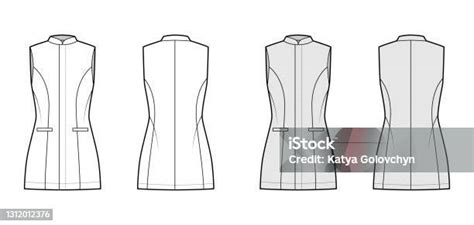 몸에 맞는 롱 베스트 웨이스트 코트 기술 패션 일러스트 민소매 스탠드 칼라 가죽 클로저 웰트 포켓 형판에 대한 스톡 벡터 아트 및 기타 이미지 Istock