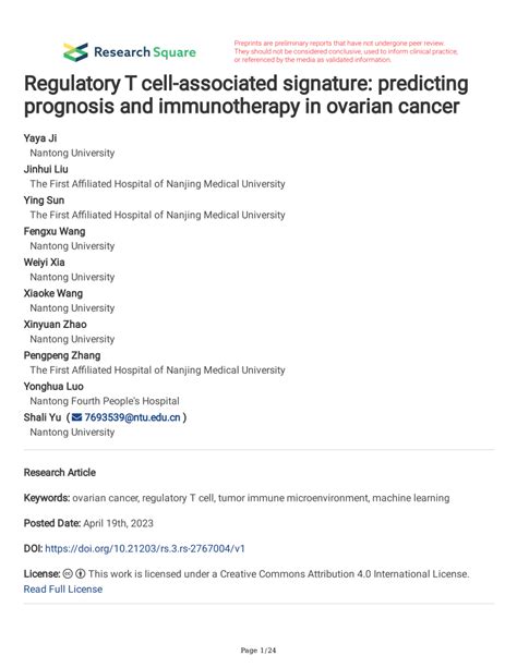 Pdf Regulatory T Cell Associated Signature Predicting Prognosis And Immunotherapy In Ovarian