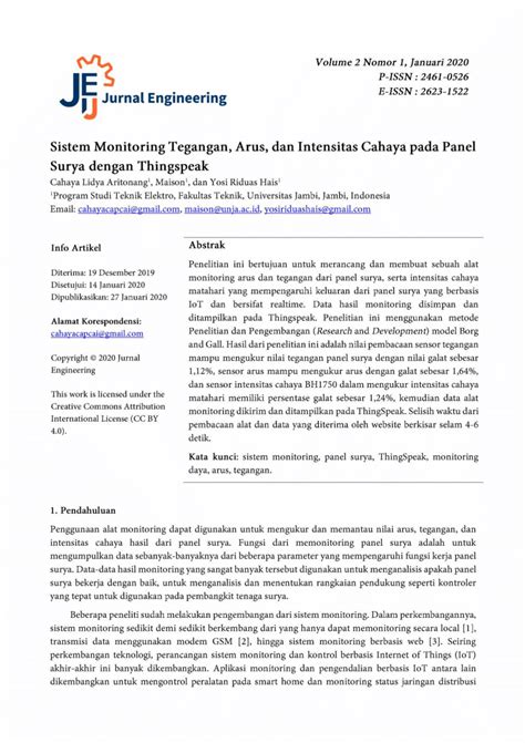 Pdf Sistem Monitoring Tegangan Arus Dan Intensitas Cahaya Pada Panel Surya Dengan Thingspeak