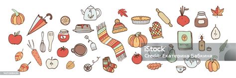 손으로 그린 가을 물건 음식 야채 및 부엌 품목을 낙서 스타일로 만든 벡터 세트 10월에 대한 스톡 벡터 아트 및 기타 이미지 10월 가을 개체 그룹 Istock