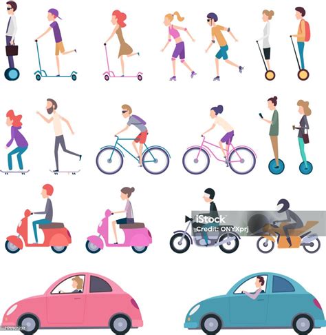 도시 교통 도시 차량 자전거를 타고 전기 스쿠터 스케이트 세그웨이 벡터 만화 일러스트 이동해 다님에 대한 스톡 벡터 아트 및 기타 이미지 이동해 다님 도시 모션