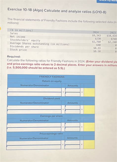 Solved Exercise 10 18 Algo Calculate And Analyze Ratios Chegg Com
