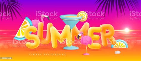 3d 글자 플라밍고 칵테일 블루 라군이 있는 여름 해변 배경 화려한 여름 풍경입니다 벡터 그림 0명에 대한 스톡 벡터 아트 및 기타 이미지 Istock
