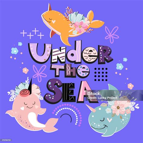 고래와 일각고래 꽃과 바다 밑의 비문 벡터 일러스트 레이 션 낙서 디자인 티셔츠 포장지 보헤미안 스타일 고래에 대한 스톡 벡터 아트 및 기타 이미지 Istock