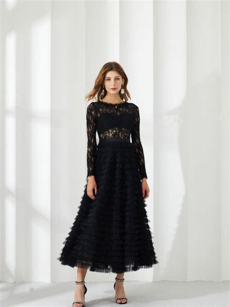 Black Illusion Lace Top Long Sleeves A Line Long Prom Dress