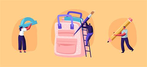 학교 지식 및 교육 개념으로 돌아가기 학생 남성과 여성 캐릭터는 거대한 배낭에 액세서리를 넣어 연필 페인트 브러시 와 통치자를 들고 사람들 만화 플랫 벡터 일러스트 개념에