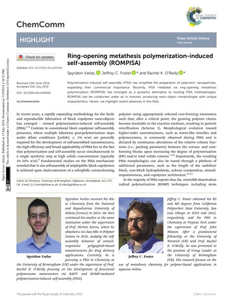 Pdf Ring Opening Metathesis Polymerization Induced Self Assembly Rompisa