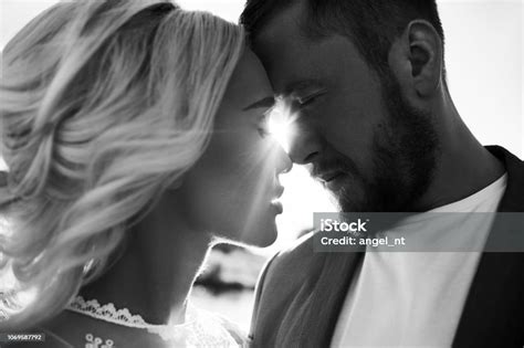 일몰에서 아름 다운 화창한 날에 사랑 클로즈업의 초상화 사랑 하는 감정과 태양에 포옹 금발 여자와 서로 봐 수염을 가진 남자 2명에 대한 스톡 사진 및 기타 이미지 Istock