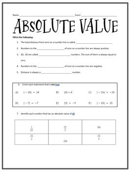 Absolute Value Practice By Mrs Williams324 TPT