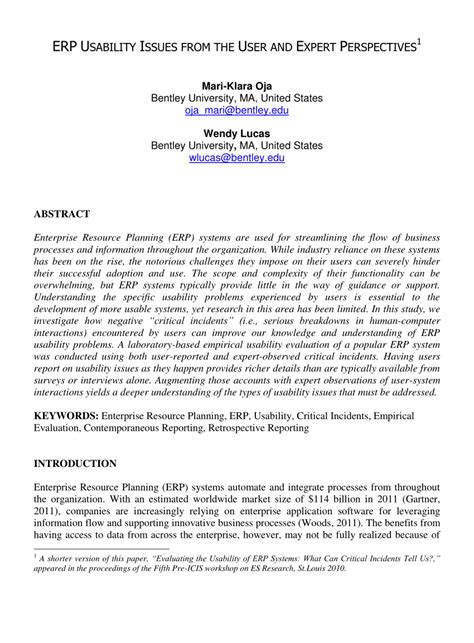 Pdf Erp Usability Issues From The User And Expert Perspectives