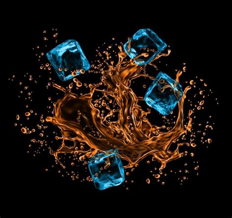 위스키 스플래시에 얼어붙은 얼음 조각 현실감 프리미엄 벡터