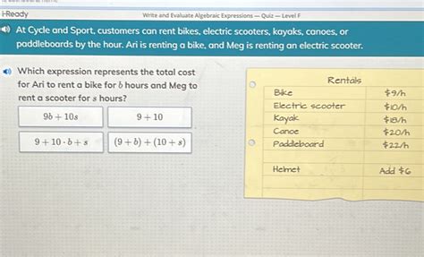 Solved I Ready Write And Evaluate Algebraic Expressions — Quiz — Level F At Cycle And Sport