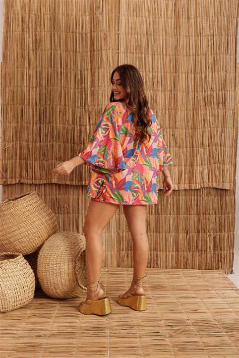 Kimono Coleção Tropicana Estampa Flor De Tangerina Aguapé