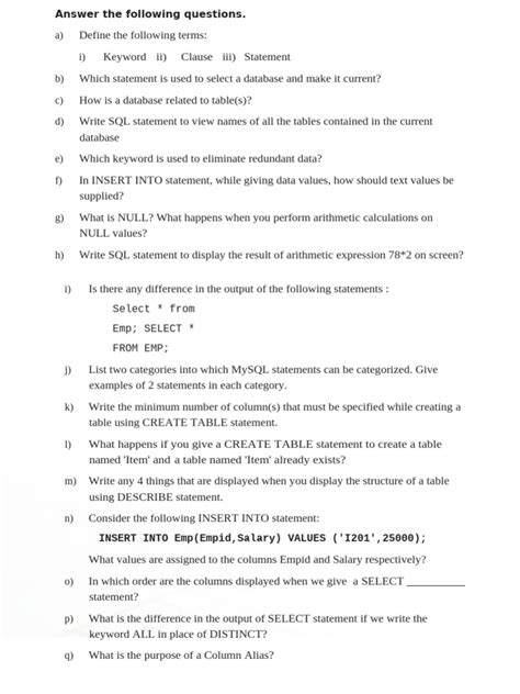 Class 11 And 12 Sql Theory Questions Pdf Sql Computer Programming