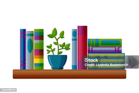 책과 화분에 심은 식물선반 만화 스타일의 책 벡터 일러스트레이션 1위에 대한 스톡 벡터 아트 및 기타 이미지 1위 가구