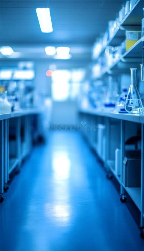 Blurred Science Lab Interior With Modern Equipment Spacious Tables And Blue Flooring Stock