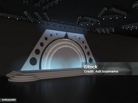 계단 투시도가 있는 이벤트 빈 무대 디자인 원형 디자인 배경과 천장 스포트라이트 시스템 내부 홀 3d 렌더링 그림 0명에 대한 스톡 사진 및 기타 이미지 Istock