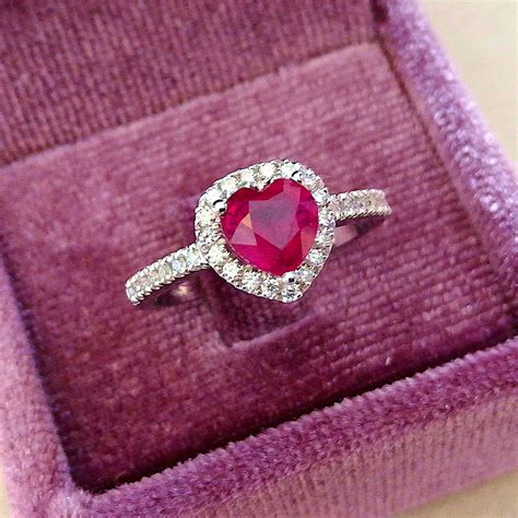 8 Mm Ruby Halo Engagement Ring In 14k White Gold Ruby Heart Ring