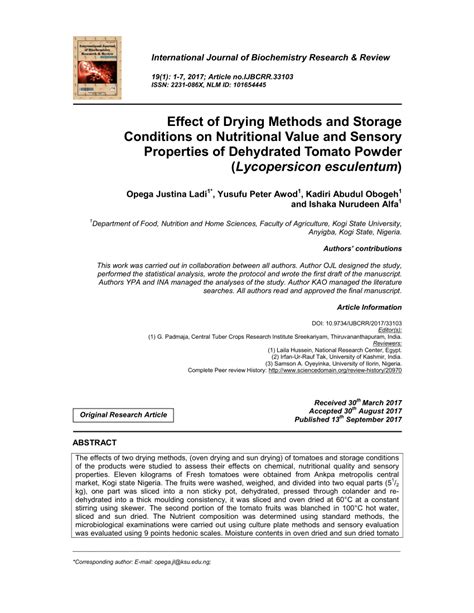 Pdf Effect Of Drying Methods And Storage Conditions On Nutritional