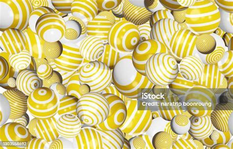 미래 지향적 반사 배경의 흰색 배경에 줄무늬의 다양한 노란색 구체의 3d 추상 적 그림 0명에 대한 스톡 사진 및 기타 이미지 0명 3차원 형태 과학 Istock