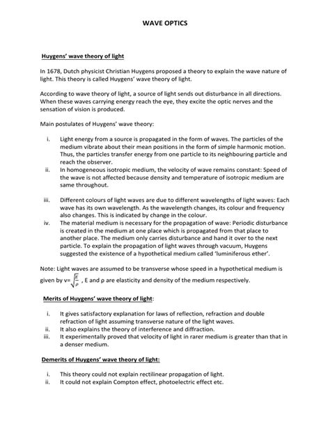 Huygens Wave Theory Of Light Pdf Waves Light
