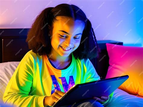 Premium Ai Image Adorable African American Girl Looking At Her Tablet