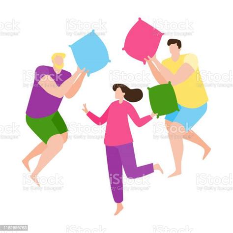 잠옷 잠자는 파티에서 즐거운 시간을 보내는 젊은이 두 남자와 여자는 베개와 싸운다 파자마 파티 또는 파자마 파티를위한 다채로운 개념 플랫 만화 벡터 일러스트레이션 가리기에