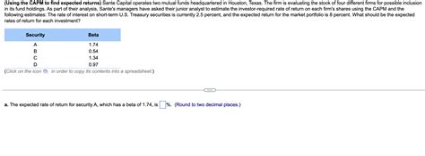 Solved Using The Capm To Find Expected Returns Sante