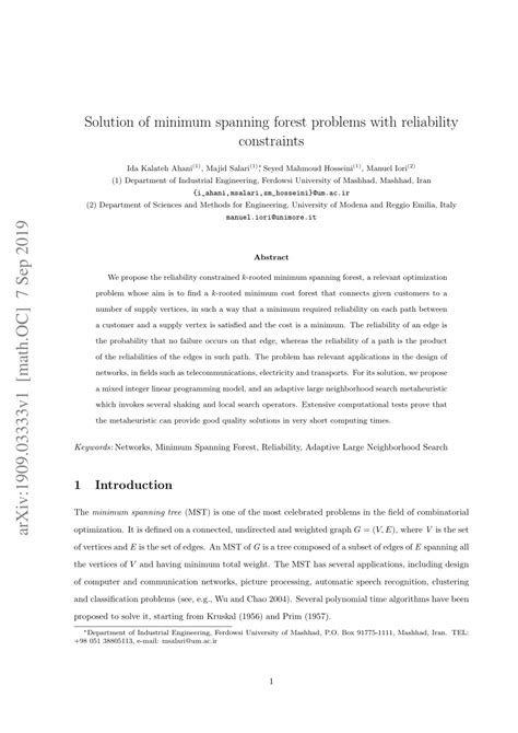 Pdf Solution Of Minimum Spanning Forest Problems With Reliability Constraints