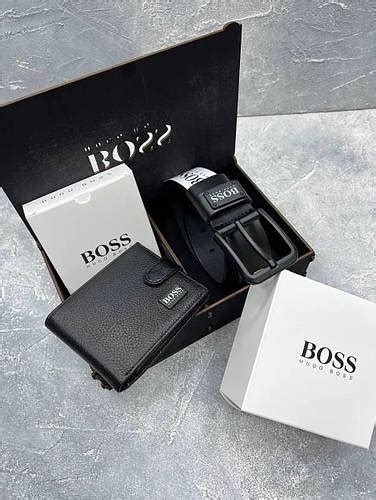 Чоловічий шкіряний ремінь гаманець Hugo Boss чорний у подарунковій коробці Подарунковий набір